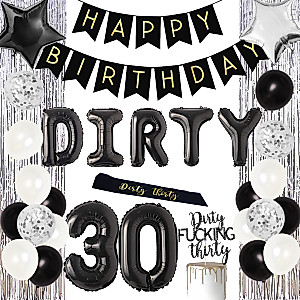 Fangleland 30th Birthday Party Decorations Silver and Black, Dirty Thirty Banner Balloon Dirty 30 Sash Cake Topper for for Her Him 30 Years Old Birthday Party Supplies
