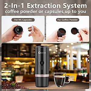 Glueckzeit Portable Electric Espresso Machine with 3-4 Min Self-Heating Rechargeable Coffee Maker, 20 Bar Pressure Compatible with NS Capsule & Ground Coffee for Travel, Camping, Office, Home