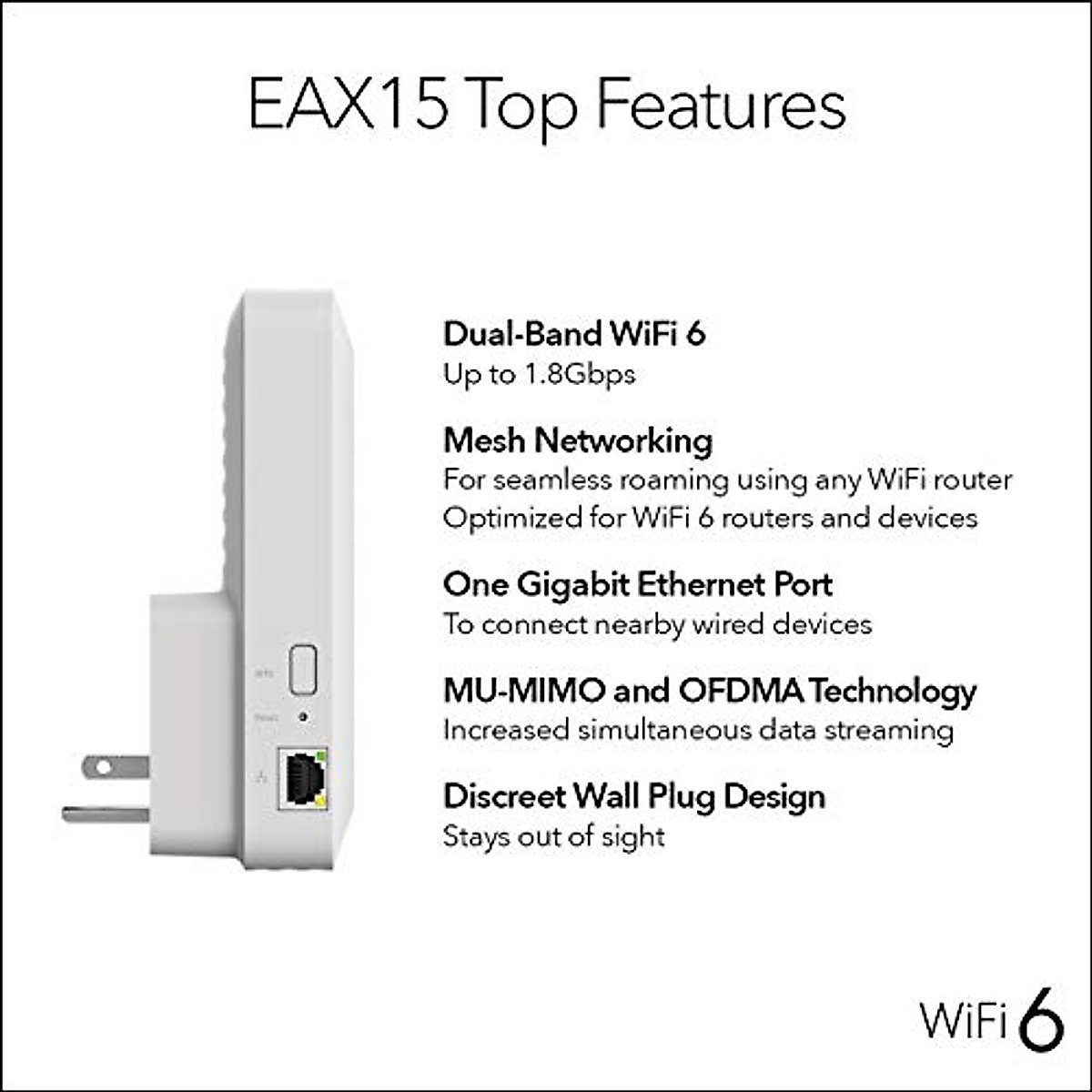 NETGEAR WiFi 6 Mesh Range Extender (EAX15) - Add up to 1,500 sq. ft. and 20+ Devices with AX1800 Dual-Band Wireless Signal Booster & Repeater (up to 1.8Gbps Speed), WPA3 Security, Smart Roaming