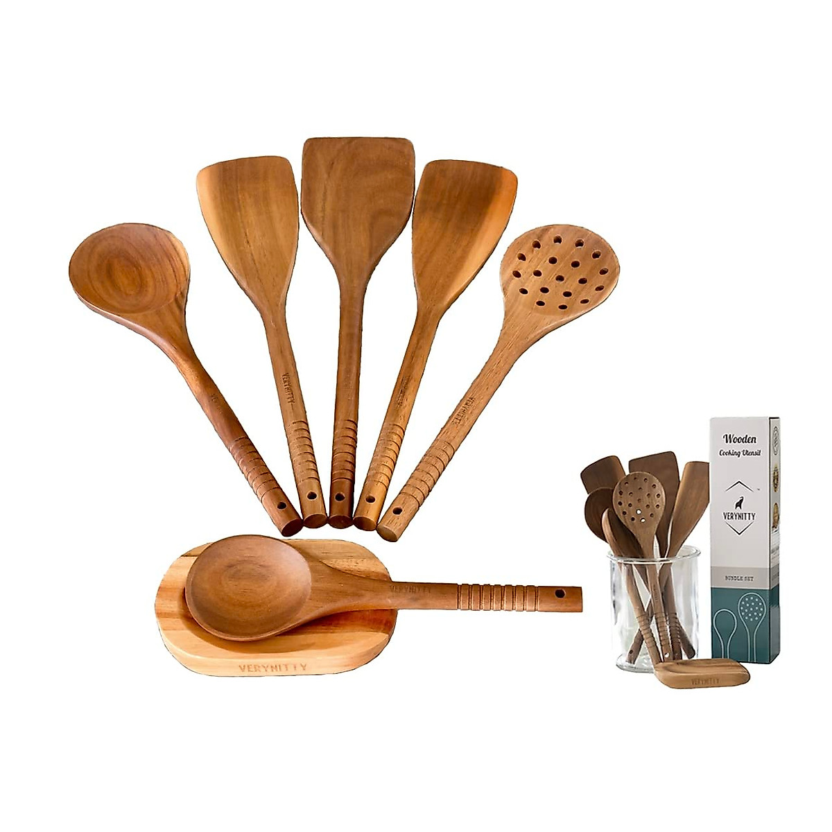 VERY NITTY Very Beautiful Kitchen Utensil Set, 7pc Wooden Cooking Utensils, Spoons and Spatula Set with Spoon Rest. Wood Kitchen Gadgets, Tools and Supplies for Cooking, Baking, Mixing and Salad Bowl