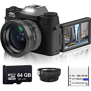 Acuvar 4K 48MP Digital Camera for Photography, Vlogging Camera for YouTube with 3.0’’ 180° Flip Screen, WiFi, 16X Digital Zoom, Wide Angle & Macro Lens, Rechargeable Battery, 64GB Micro SD Card Black