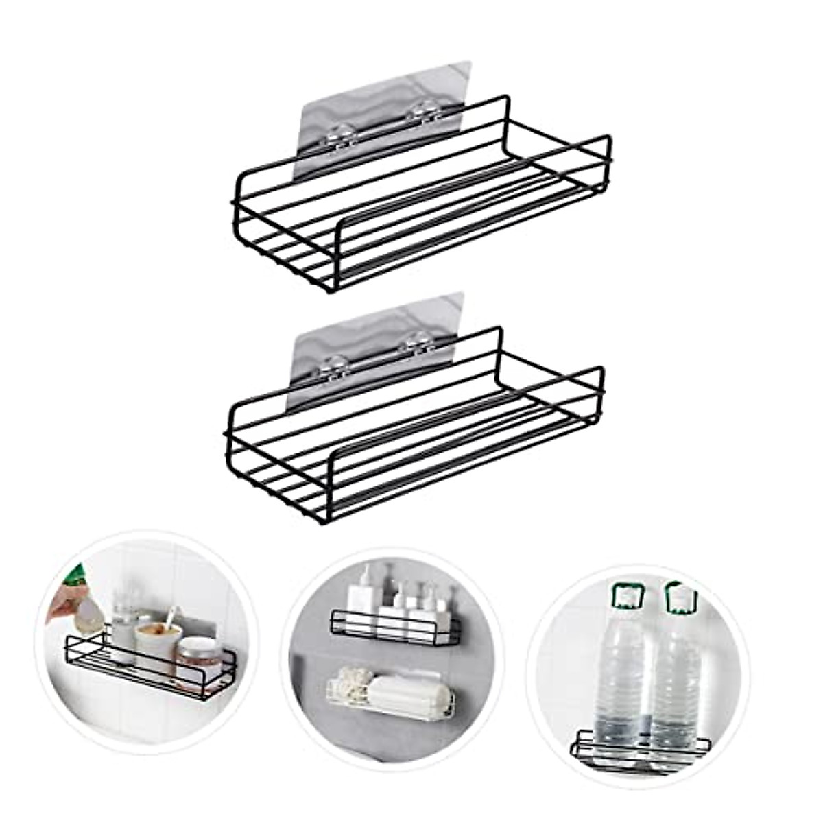 Levemolo 2pcs Organizer Shelves for Adhesive Dish Shampoo Brush Stainless Holders Caddy Racks Shower Farmhouse Scouring Iron Black Display Storage Floating Sink Metal Shelf Wall-mounted