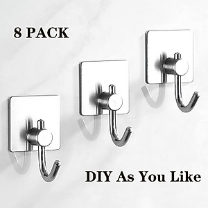 8 Pack Adhesive Hooks Heavy Duty Stainless Steel Black Wall Hooks Sticky Holder Waterproof Aluminum Towel Hooks for Hanging Coat Hat Key Clothes Closet Hook Wall Mount for Kitchen Bathroom Office