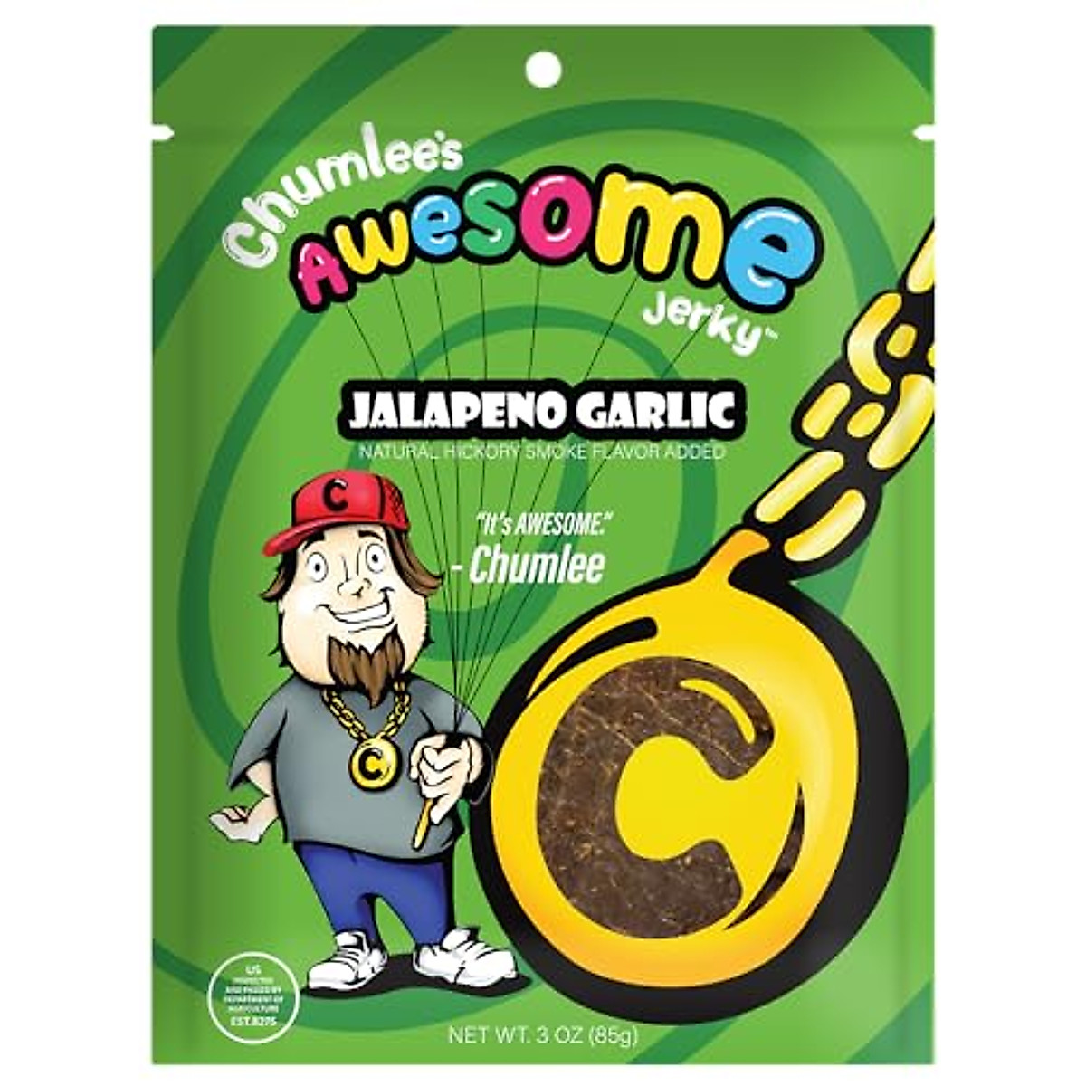 Chumlee's Awesome Beef Jerky, Handcrafted Meat Snack, High Protein, Jalapeno Garlic 3 oz Bag