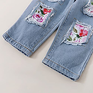 Hearyoo Baby Girl Clothes Infant Toddler Denim Ruffle Sleeve Floral Shirts Tops Ripped Jeans Pants Sets Summer Girl Outfits Red Flower 18-24 Months