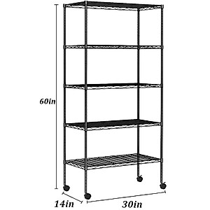 BSTOPHKL Wire Shelving Storage Shelf 5 Tier Wire Shelves Unit, 1500lbs Capacity Adjustable Rolling Metal Racks with Wheels,Metro Shelving Heavy Duty for Kitchen, 30" D x 14" W x 60" H, Black