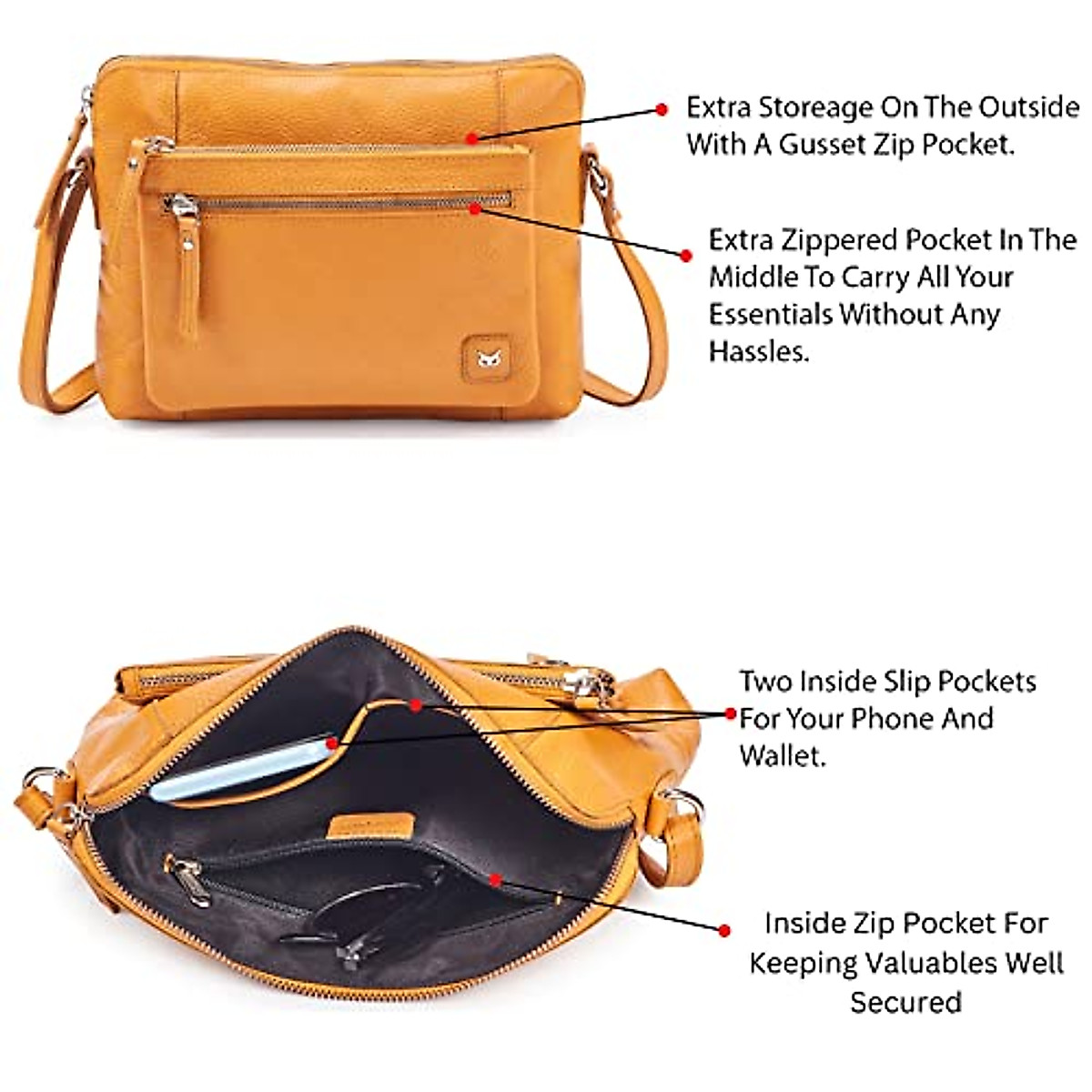 Wise Owl Accessories Small Soft Pebbled Real Leather Crossbody Handbags & Purses - Triple Zip Premium Sling Crossover Shoulder Bag for Women (Mustard Nappa)