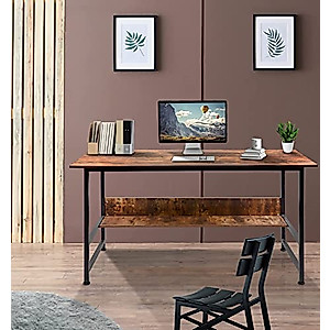 BROWN-BROWN 55 Inch Computer Desk, Home Office Desk with Extra Storage, Personal Laptop Pc Workstation, Student Study Desk, Metal Frame Wood Table for Reading Writing, Rustic Brown (55'')…