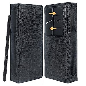 KUGEW for Samsung Galaxy Z Fold 5 Case with S Pen Holder & Camera Cover, Luxury Leather Wallet Phone Cover Built-in S Pen Slot Kickstand Function Card Holder Hinge Protection Shockproof (Black)
