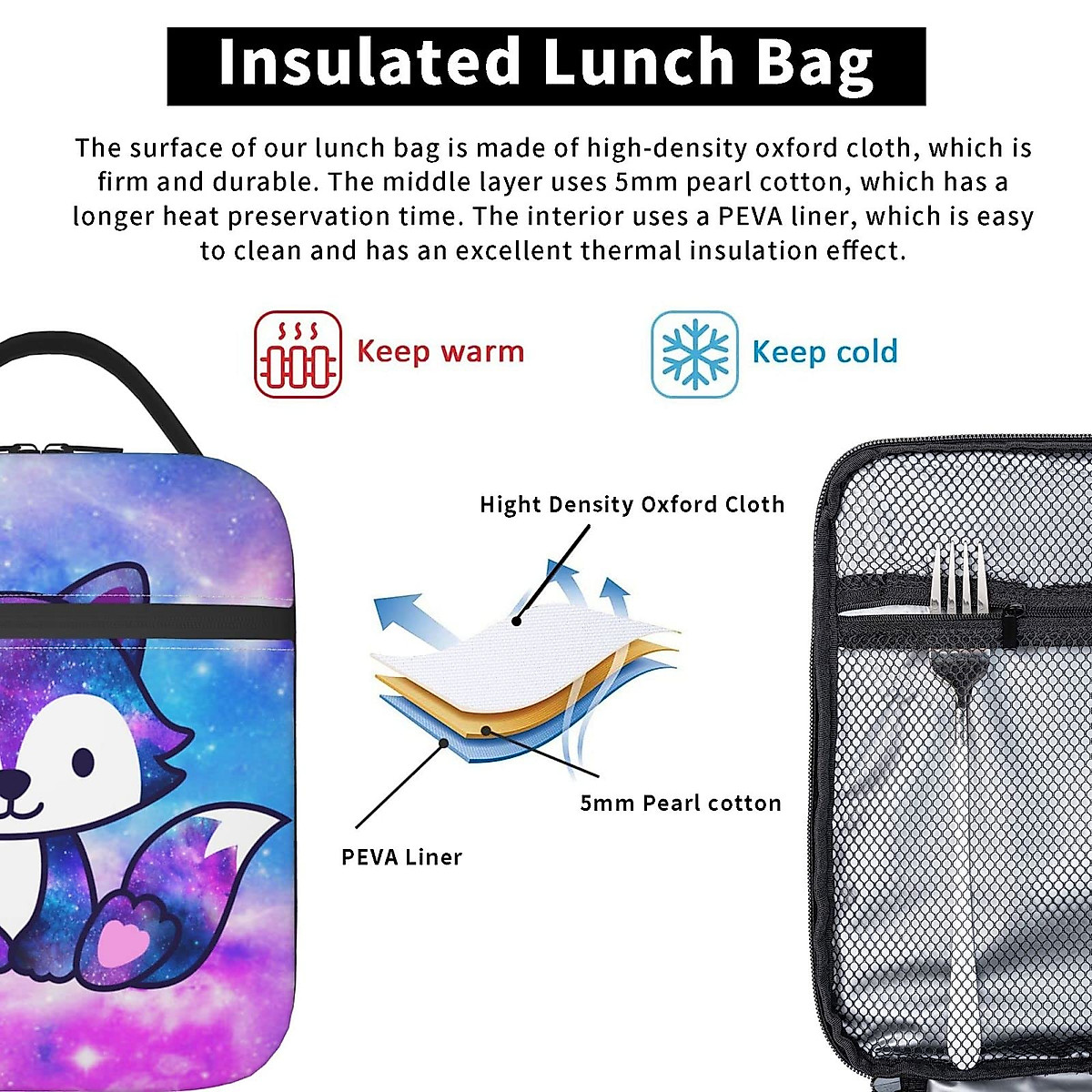 Mrublnel Galaxy Fox Printed Insulated Lunch Box Portable Lunch Bag with Detachable Handle,Reusable Lunchbox for Girls Boys Adults (Mrlunchbag-2302)