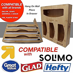 Mr Carib Chef Foil and Plastic Wrap Organizer, bamboo storage bag organizer for kitchen drawer, sandwich snack quart freezer bag organizer, baggie for kitchen plastic bag storage