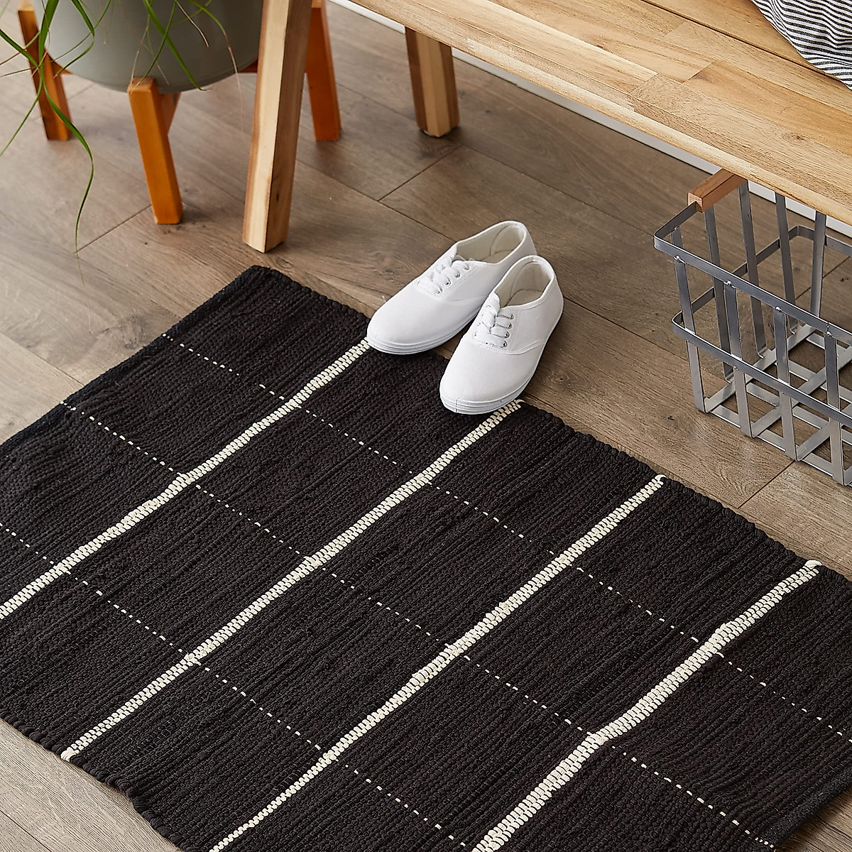 DII Modern Farmhouse Cotton Chindi Rug Collection, 26x40, Black & Cream