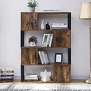 LIFUSTTG Bookshelf, Rustic 5 Shelf Bookcase with Cabinet and Open Shelves, Industrial Wood and Metal Frame Display Storage Rack for Living Room, Rustic Brown