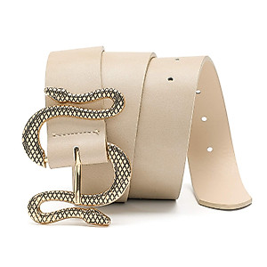 MORELESS Designer Belts for Jeans Women Leather Belt with Snake Buckle Beige X-Smal
