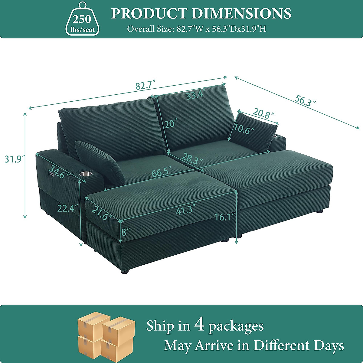 Tmsan 82.7" Oversized Deep Seat Loveseat with Ottomans, Corduroy Double Chaise Sleeper Sofa, Modular Sectional Cloud Couch with Cup Holders & USB Ports for Living Room Apartment Office (Green)