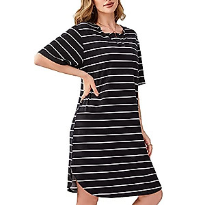 FENTENG Nightgown for Women Sleepwear Loose Short Sleeve Nightdress V Neck Nightgowns Print Sleepshirts Comfy Nightshirt (Black1, XXL)