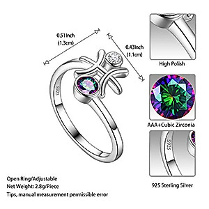 Adjustable Zodiac Sign Pisces Ring Celestial Ring with Mystic Rainbow Stone Ring for Women Boho Ring Genuine Silver February March Birthday Ring Horoscope Wedding Engagement Jewelry Ring FR0036Y