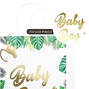 Ocean Line Baby Shower Paper Gift Bags for Boy with Tissue Papers - 12 Pack Kraft Safari Jungle Animals Baby Boy Bags with Gold Wrapping Papers, Size 8" L x 4" W x 10" H