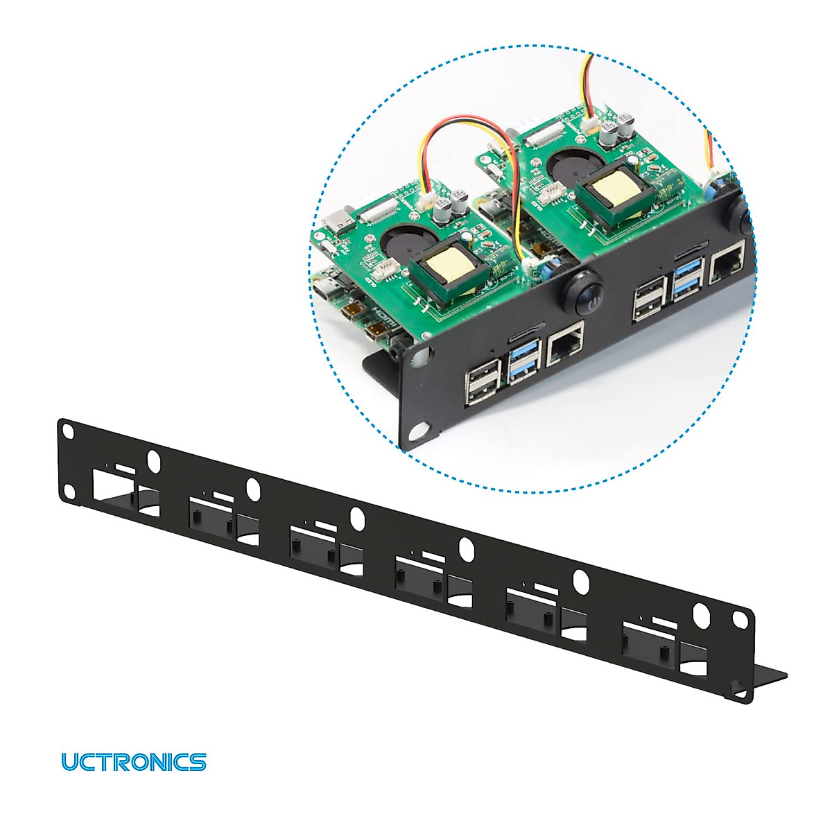 UCTRONICS Compact 1U Rack with PoE Functionality for Raspberry Pi 4B, 19" 1U Rackmount Supports 1-6 Units with PoE HAT, Power Switch, and SD Card Adapter