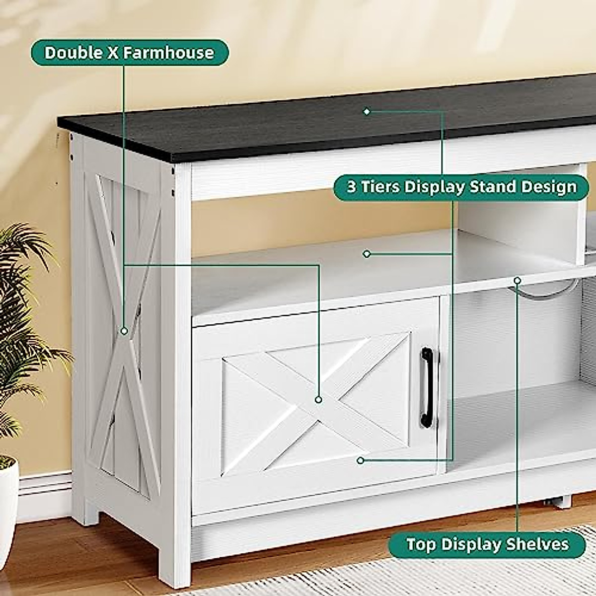 YITAHOME Farmhouse TV Stand for 65 inch with Power Outlet, Mid Century Modern Wood TV Table Media Console with Storage Cabinet and Open Shelves for Living Room, Bedroom, Black/White