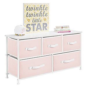mDesign Wide Steel Frame/Wood Top Storage Dresser Furniture with 5 Fabric Drawers, Large Bureau Organizer for Baby, Kid, and Teen Bedroom, Nursery, Playroom, Dorm - Jane Collection, Pink/White, Pack of 1