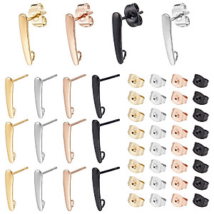 PH PandaHall Stud Earring with Loop, 32pcs(16 Pairs) 4 Colors 304 Stainless Steel Earring Post Ear Studs Findings with 32pcs Butterfly Ear Nuts for DIY Earring Jewelry Making Findings