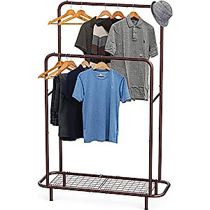 Simple Houseware Double Rod Clothing Garment Rack with Bottom Shelves, Bronze