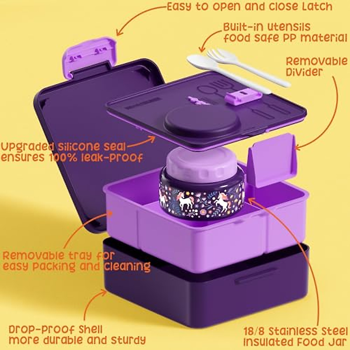 Fimibuke Bento Box for Kids with Thermos, 60OZ Bento Lunch Box Container with Leakproof 8OZ Insulated Food Jar, 3-4 Compartments, Sauce Jar, Utensils for Teens Toddler Adult, BPA-Free, Dishwasher Safe