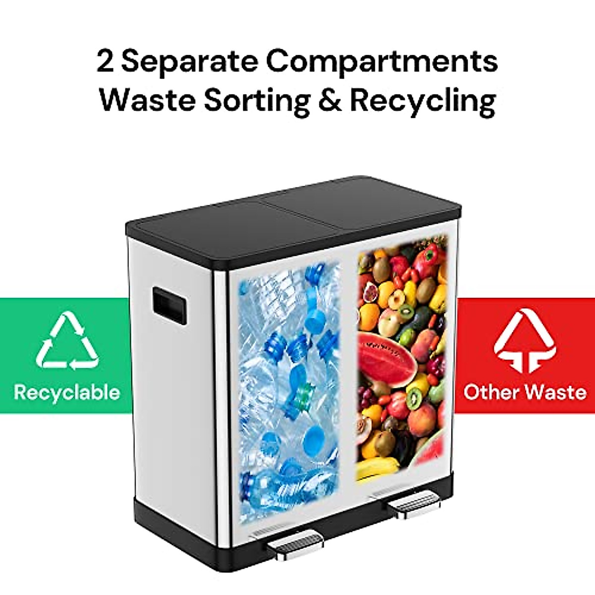 SunsGrove Trash Can 60L/16 Gallon Dual Trash Bin Recycle Bin with Dual Compartments Stainless Steel Step Garbage Can with Soft-Close Lid & Foot Pedals Recycling Bin for Kitchen/Office