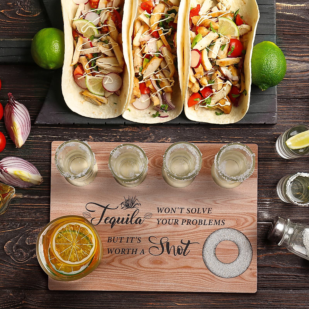 Flight Board Wooden Flight Tray Glass Cup Holder with Salt Rim Glass Cup Serving Tray Bar Serving Trays for Restaurant, Bar, Farmhouse, Party, Family Gathering