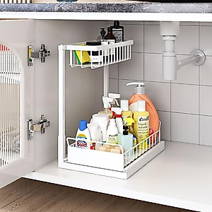 reepor Under Sink Organizer,2-Tier Pull Out Cabinet Organizer Under Kitchen Sink Organizer,Under Cabinet Storage Multi-Use for Bathroom Laundry Kitchen White