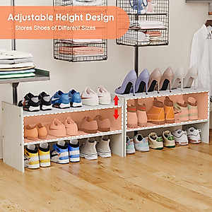 2-Tier Small Shoe Rack Organizer for Closet, Expandable and Adjustable White Shoe Rack, Stackable Iron Wood Combination Shoe Shelves for Closets, Entryway, Small Space, Hallway, Garage