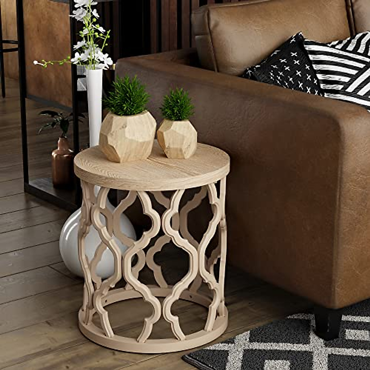 COZAYH Farmhouse End Table, Distressed Wood Top Side Table with Curved Motif Frame Base for Boho, Rustic, Round, Natural