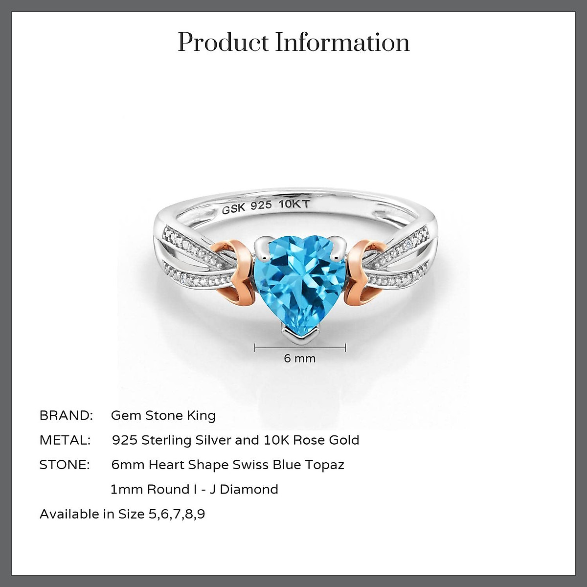 Gem Stone King 925 Silver and 10K Rose Gold 6MM Heart Shape Gemstone Birthstone and Diamond Engagement Ring | Wedding Anniversary Promise Ring For Women | Available In Size 5, 6, 7, 8, 9