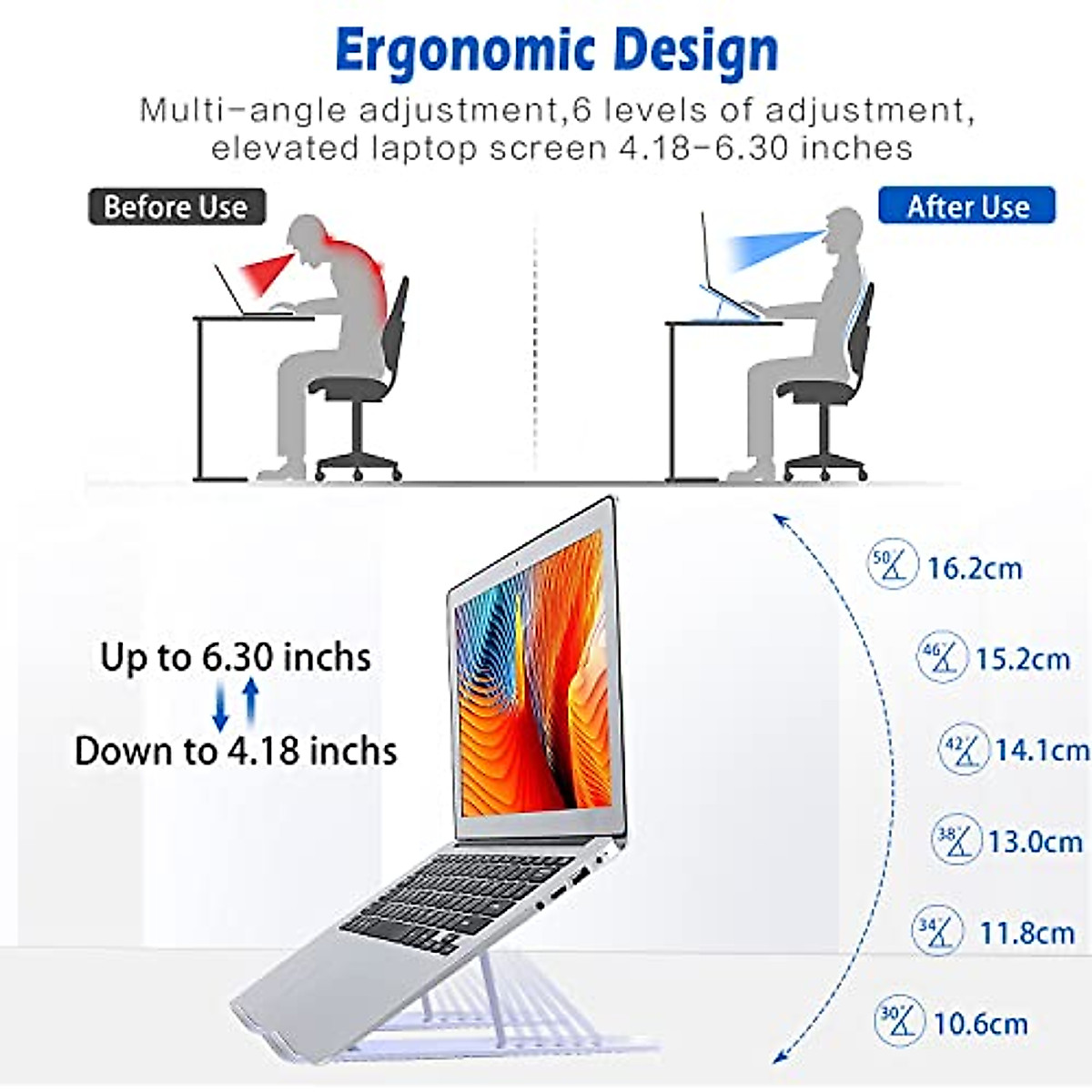 Heartbeats Laptop Stand, Laptop Riser with Adjustable Ergonomic Design, 6 Angles Anti-Slip Portable Computer Stand, Foldable Laptop Holder Compatible with 10-15.6 inch Laptops (White)