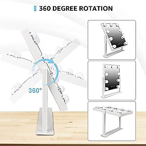Hazifes Hollywood Vanity Mirror with Lights 9 LED,Tabletop Makeup Mirror with Smart Touch Control 3 Colors Dimable LED Bulbs Detachable 10X Magnification 360°Rotation White