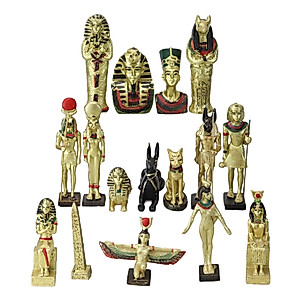 Ebros Miniature Egyptian Gods and Goddesses Figurine Set of 16 Featuring Anubis Osiris Maat Isis Bastet Sekhmet Obelisk Sphinx King TUT Queen Nefertiti Mummy Hathor Horus and Seth
