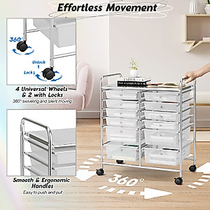 COSTWAY 12-Drawer Rolling Storage Cart, Moveable Art Craft Organizer W/Lockable Wheels, Metal Shelf, Files Arrangement Tools Makeup Storage Cart for Office, Home, School (Clear)