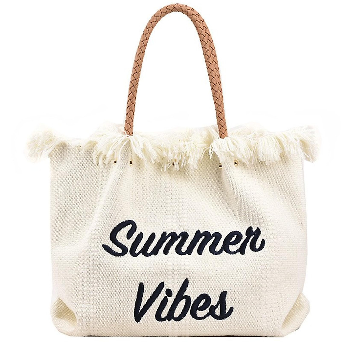 WEIIYONN Large Beach Bag Tote Bag for Women Summer Vibe Shoulder Bag with Tassels Aesthetic Handbag for Vacation Holidays (White)