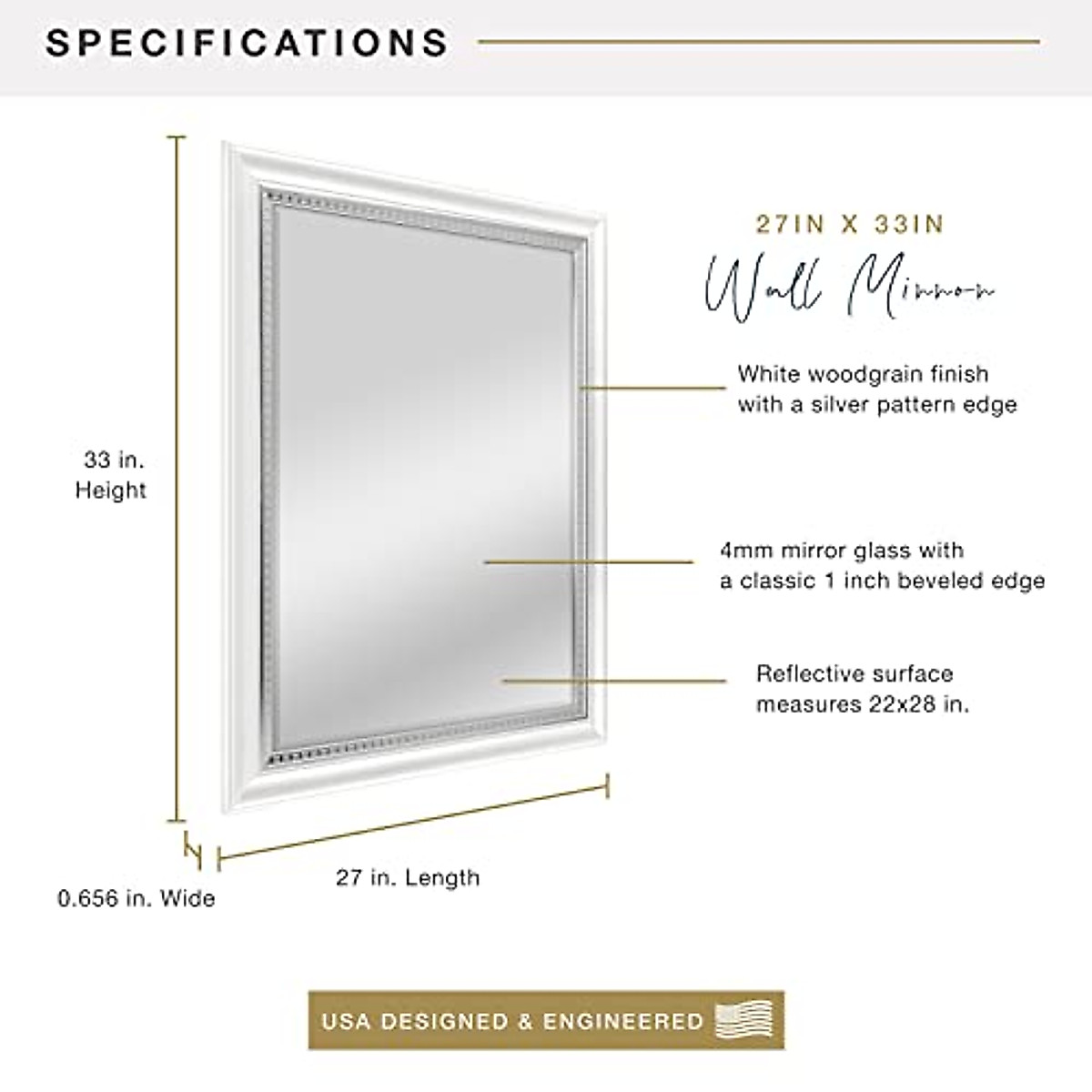 MCS - 83049 22x28 Inch Embossed Accent Wall Mirror, 27 x 33 Inch, White Wood Grain with Silver Trim Finish