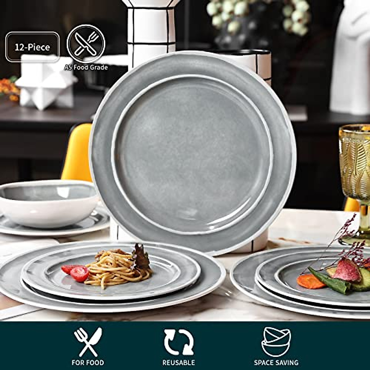 Melamine Dinnerware Set - 12pcs Dishes Dinnerware Set for 4, Indoor and Outdoor use, Dishwasher Safe, Break-resistant, Lightweight, Gray