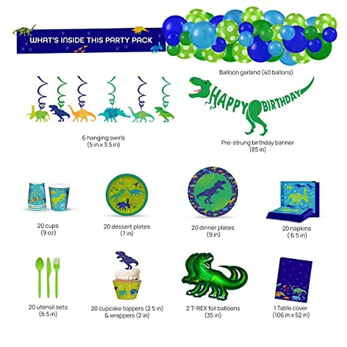My Greca Dinosaur Birthday Party Supplies – (Serves 20) - TRex Theme Decorations Set - Plates, Cups, Napkins, Cupcake Toppers & Wrappers, Happy Birthday Banner, Table Cover, Balloon Garland Kit
