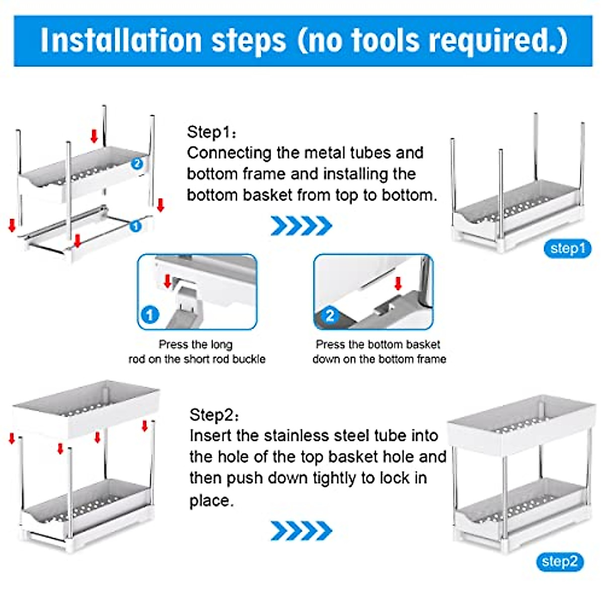 2 Pack Under Sink Organizers and Storage Pull Out Drawers,2 Tier Sliding Under Cabinet Organizer, Bathroom Organizer Under Kitchen Sink Storage, Under Sink Shelf Baskets with 4 Cups 8 Hooks.White…