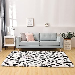 Aimuan Cute Cow Print Rug Fun Faux Cowhide Area Rug Animal Hide Carpet Fun Faux Cowhide Area Rug Nice for Nursery Decorating Kids Room (White-Black, 4x6)
