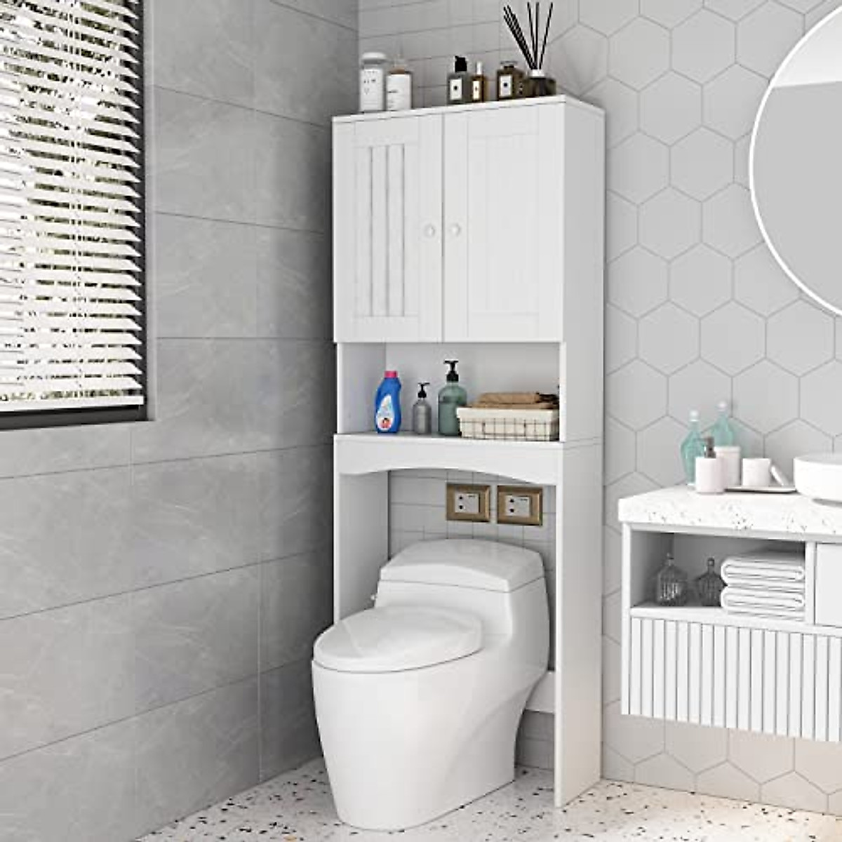 AWQM Over The Toliet Storage, Bathroom Over Toliet Storage Cabinet with Shelves and Doors, Bathroom SpaceSaver Organizer - White