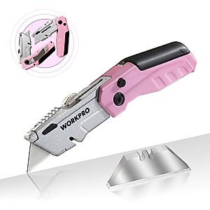 WORKPRO Folding Utility Knife, Quick-Change Pink Box Cutter with Blade Storage Compartment Hidden in Lightweight Aluminum Die-cast Handle, 12 Extra Blades Included - Pink Ribbon