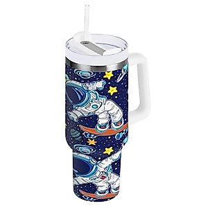 RPLIFE Cartoon Astronaut Skateboarding Blue 40 Oz Tumbler with Handle and Straw, Stainless Steel Tumbler with Straw, Coffee Tumbler for Women