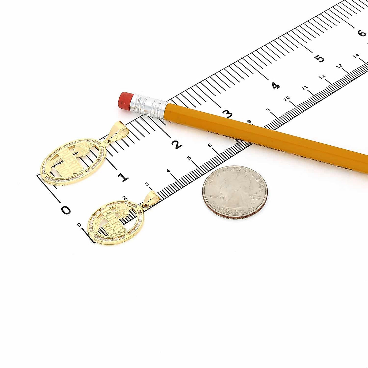 WJD Exclusives 10K Yellow Gold CZ Puerto Rico Palm Tree Oval Shape Disc Pendant, 30mm