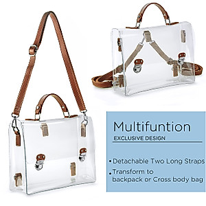 Clear PVC Backpack for Stadium Approved Multifunction Transparent Shoulder Handbag Unisex Messenger Satchel Cross Body Bag (Brown)