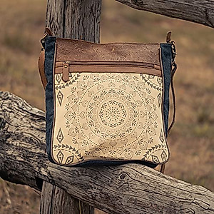 ANNGOTI Canvas & Cowhide Shoulder Bag for Women, Vintage Style with Genuine Leather, Handmade Print Crossbody Bag with Zipper Top & Adjustable Strap